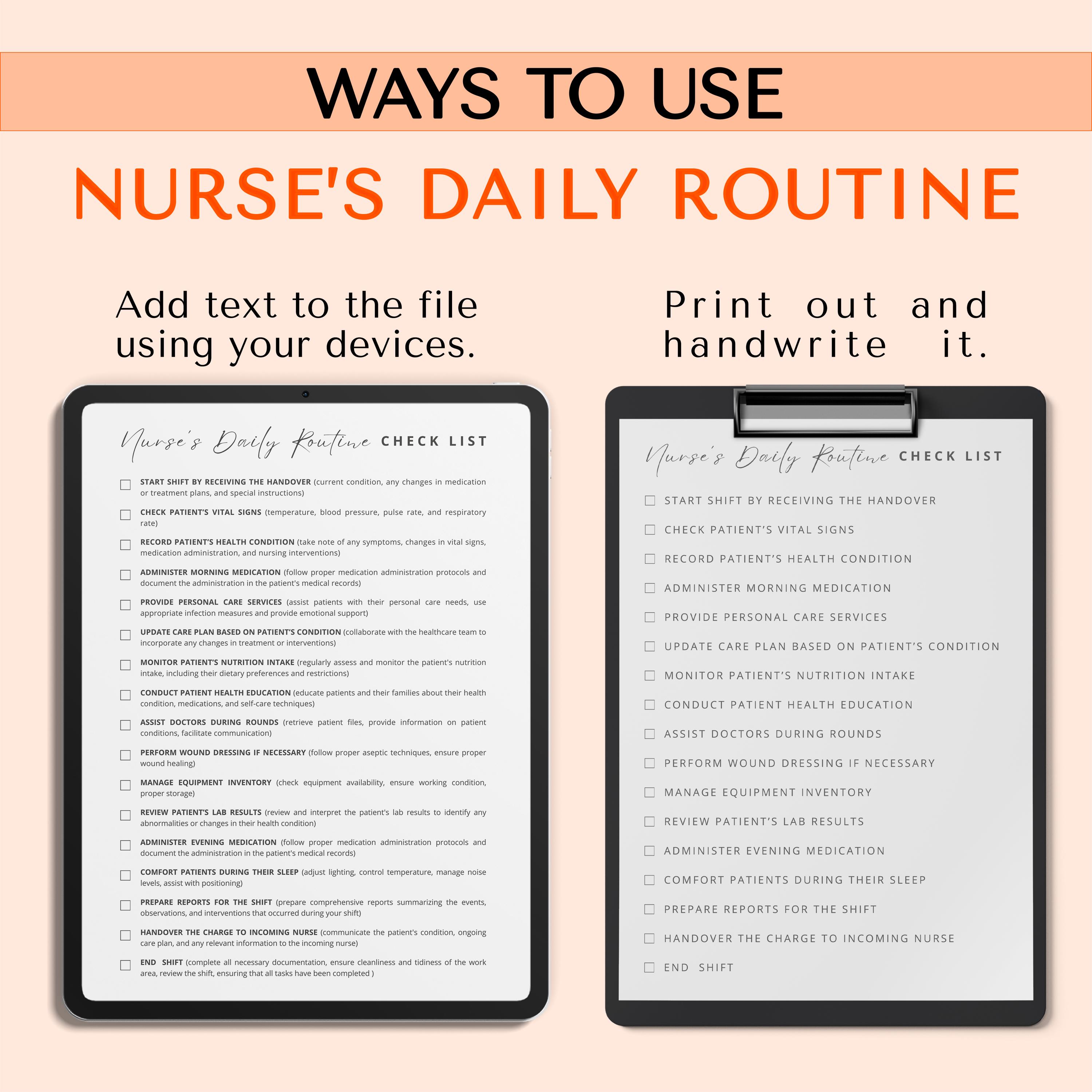 Printable Daily Nurse Routine List, Nursing to Do List, Shift Routine ...