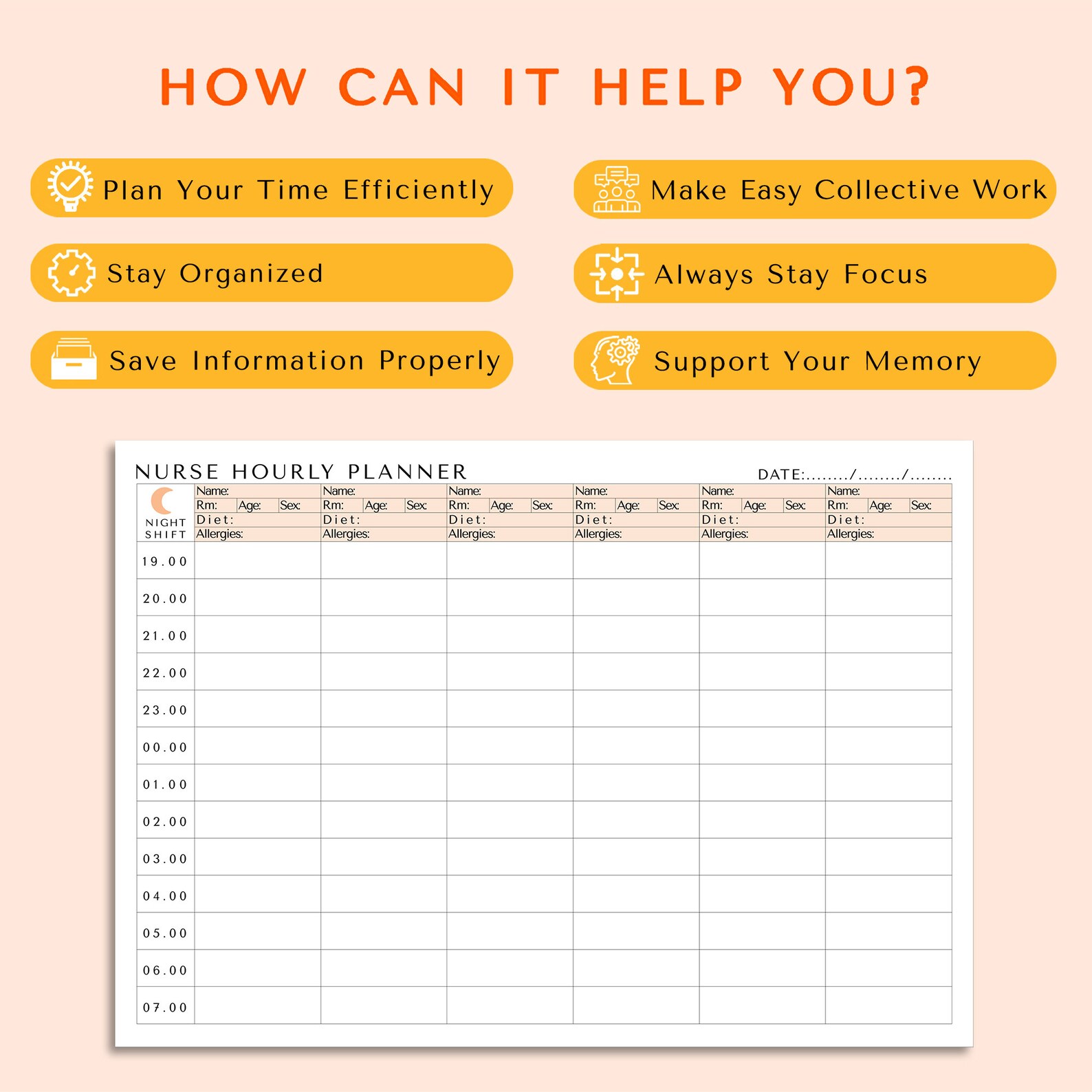 6 Patients Nurse Hourly Planner, Nurse Shift Organize, Nursing Handoff ...