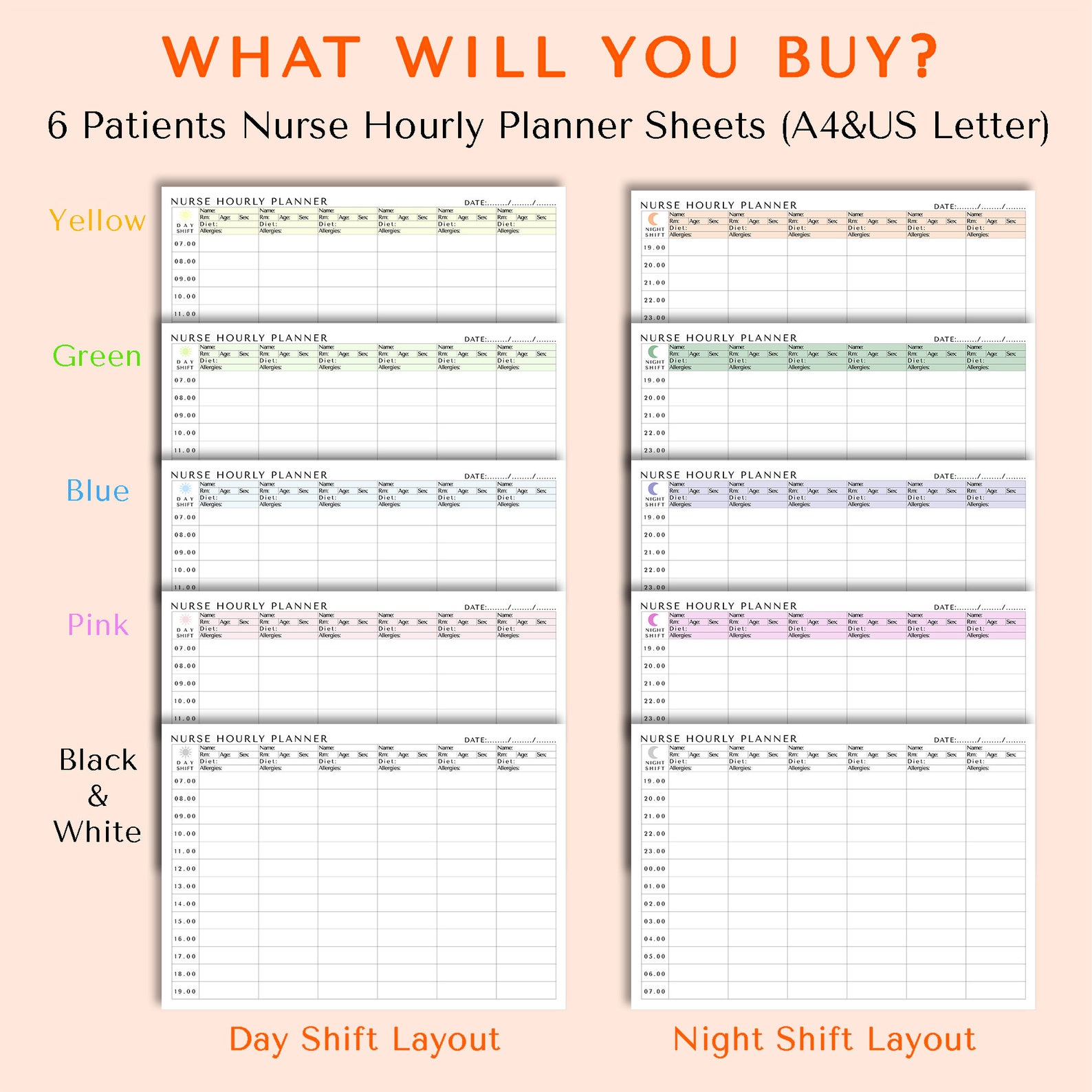 6 Patients Nurse Hourly Planner, Nurse Shift Organize, Nursing Handoff ...
