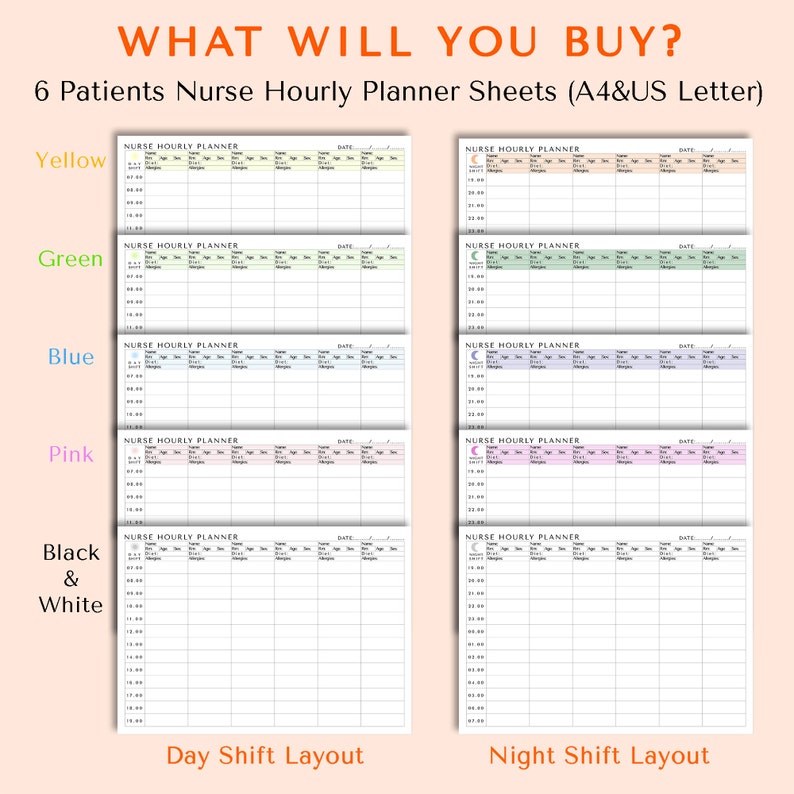 6 Patients Nurse Hourly Planner, Nurse Shift Organize, Nursing Handoff ...