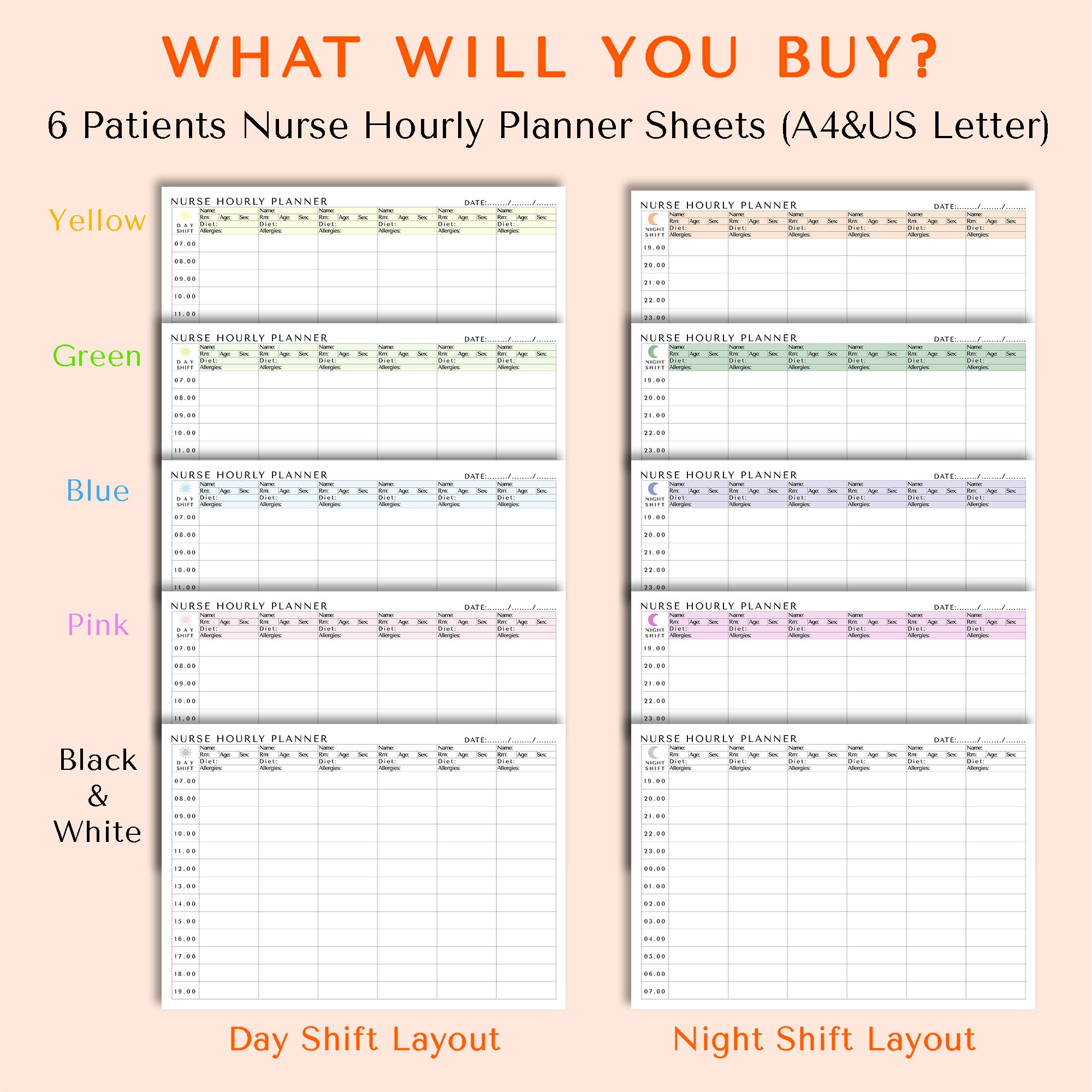 6 Patients Nurse Hourly Planner, Nurse Shift Organize, Nursing Handoff ...