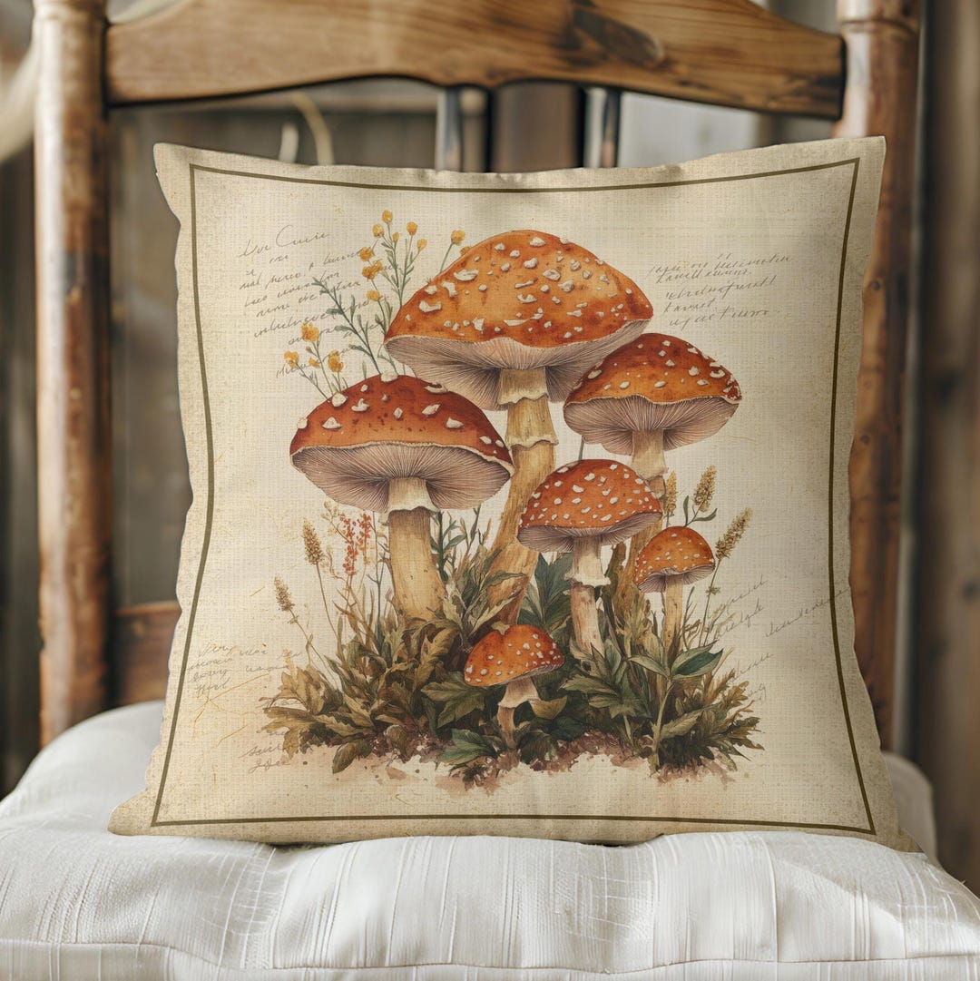 Cottagecore Mushroom Pillow Cover – Vintage Botanical Red Toadstool ...