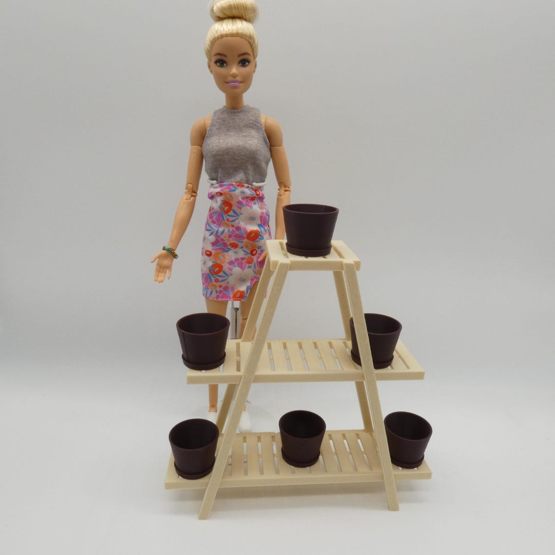 1/6 Scale Doll Furniture Flower Pot Shelf Tan Brown 3 Tier With 6 Pots ...