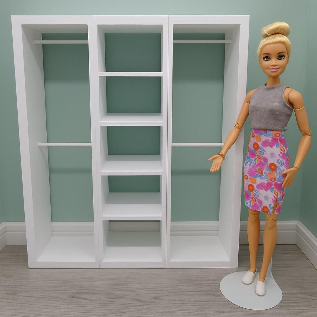 Dollhouse Wardrobe Closet – 1:6 Scale – 3 Sections With Hanging Bars ...