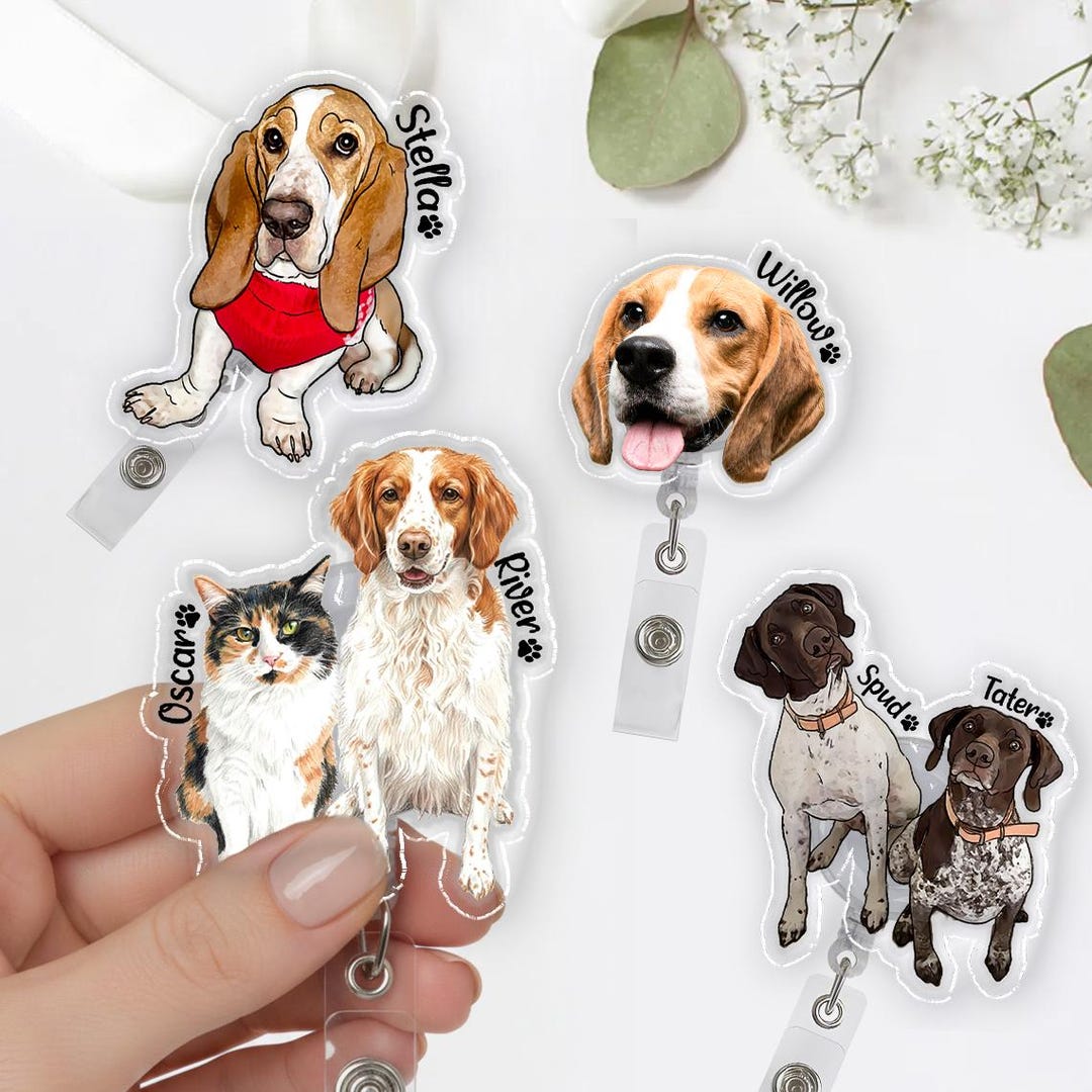 Custom Pet Portrait Badge Reel, Personalized Dog Cat Badge Holder for ...