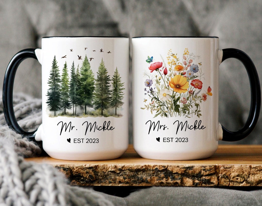 Personalized Wedding Couple Mugs, Custom Mr Mrs Coffee Mugs, Engagement ...