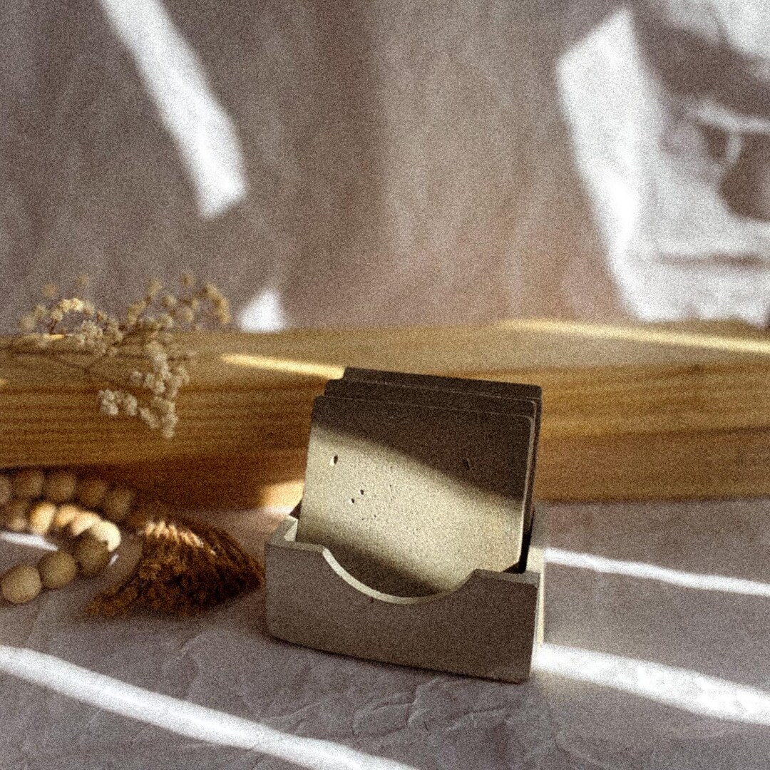 Square Concrete Coasters Set With Holder, Geometric Cement Coasters for ...