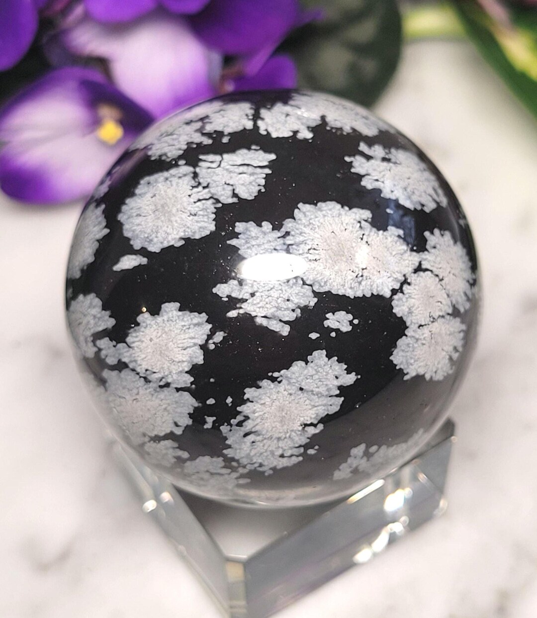 Snowflake Obsidian Crystal Sphere: 2.2" Black With White Flowers - Etsy
