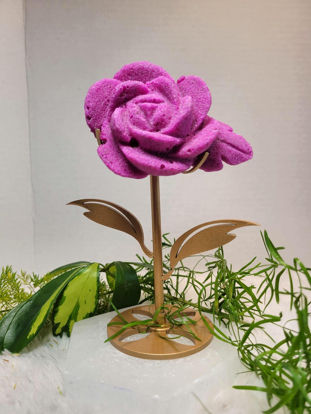 Honeycomb Ruby Carved Rose With Gold Stand: 7" Sparkly Porus Material 3 ...