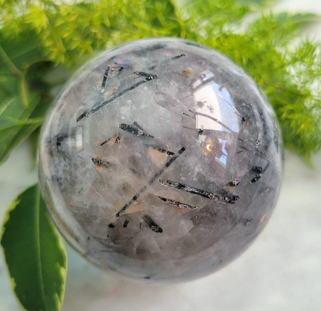 Rutilated Calcite Crystal Sphere With Black Tourmaline Spikes: 3" Large ...