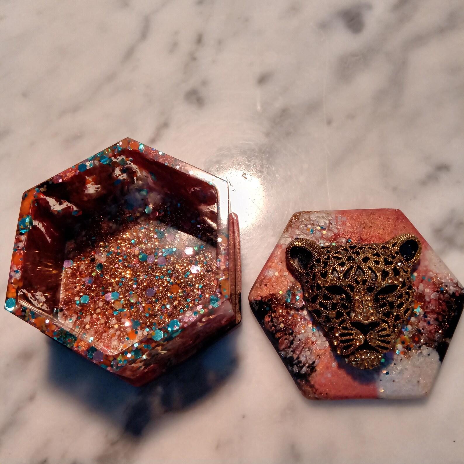 Octagon Sparkle Resin Box With Crystal Gold Leopard - Etsy