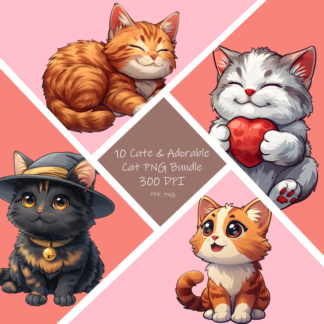 10 Cute Cat Clipart Set PNG Cat Sticker Packs Cute Cat Digital Download ...