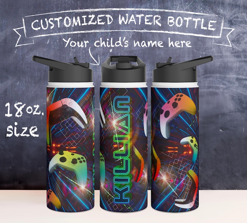 Gamer Kids Water Bottle – Personalized Name Stainless Steel Drink ...