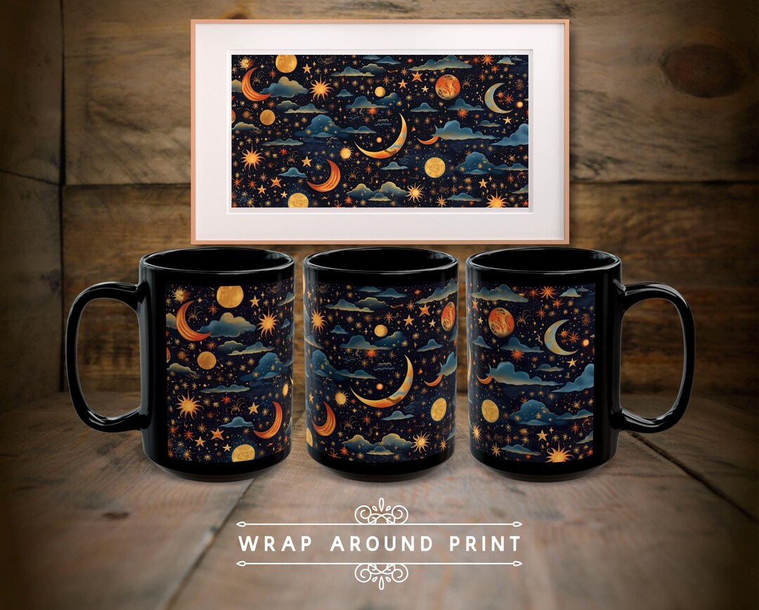 Moon and Stars Mug, Night Scene, Halloween Fall Cup, Colorful Stars and ...