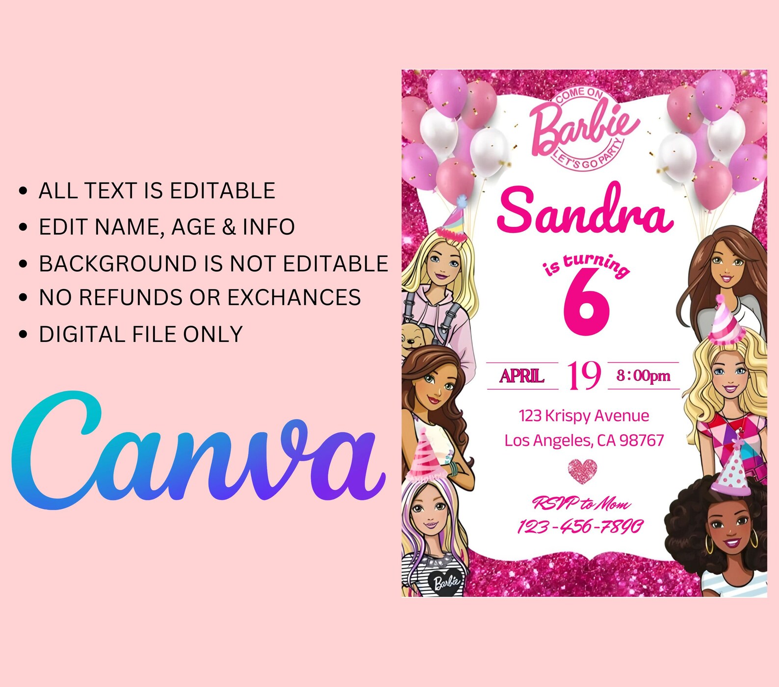 Editable Barbie Birthday Invitation Template Printable Birthday Party ...