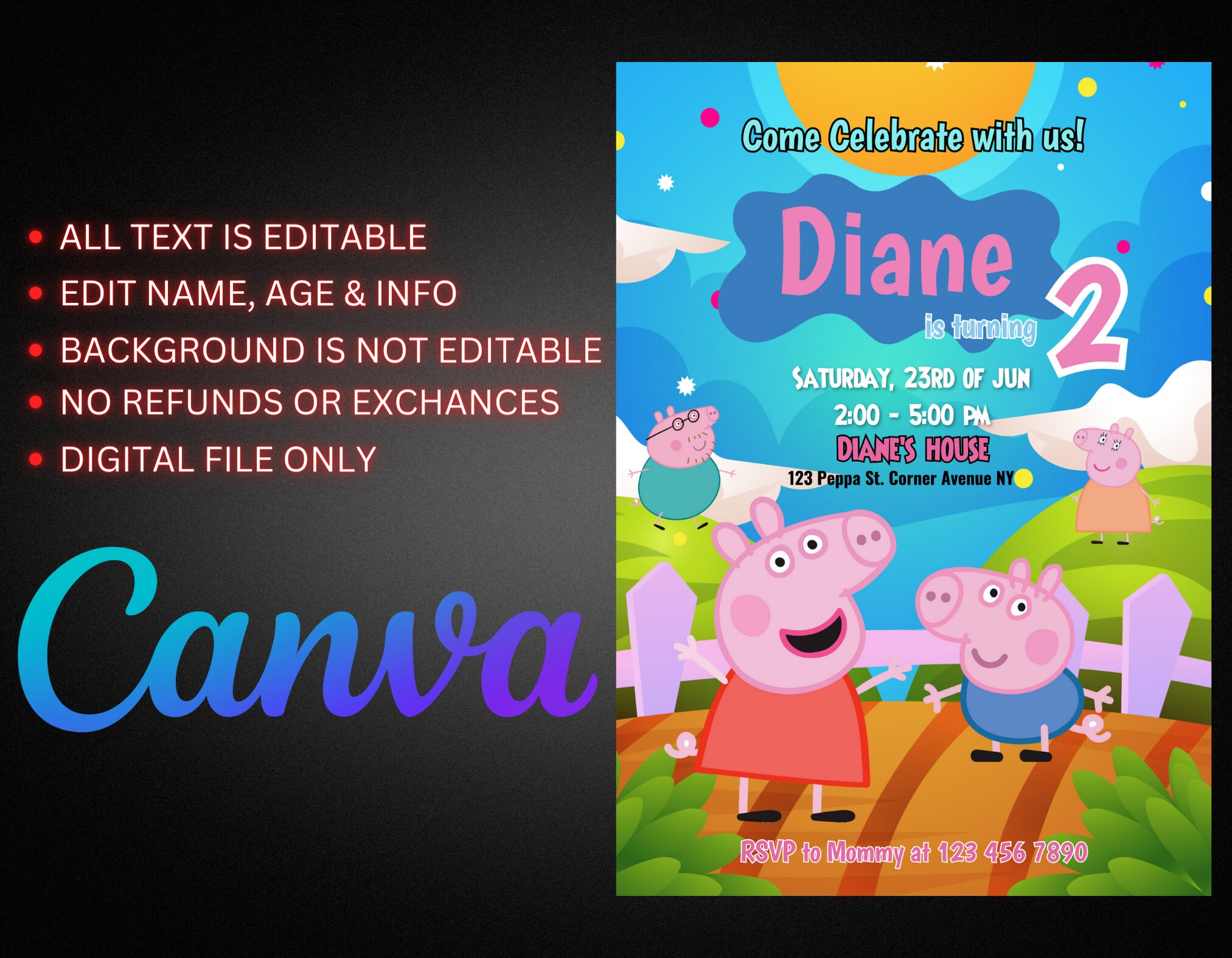 Peppa Pig Invitation, Peppa Pig Birthday Invitation, Peppa Pig Kids ...