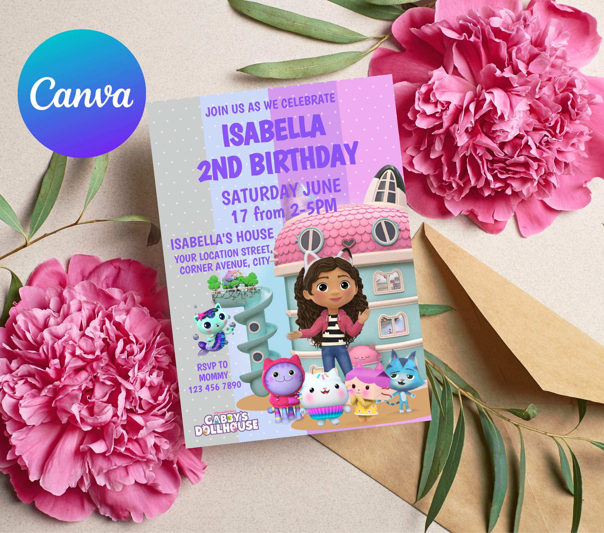 Editable Gabby Dollhouse Birthday Invitation Template Printable ...