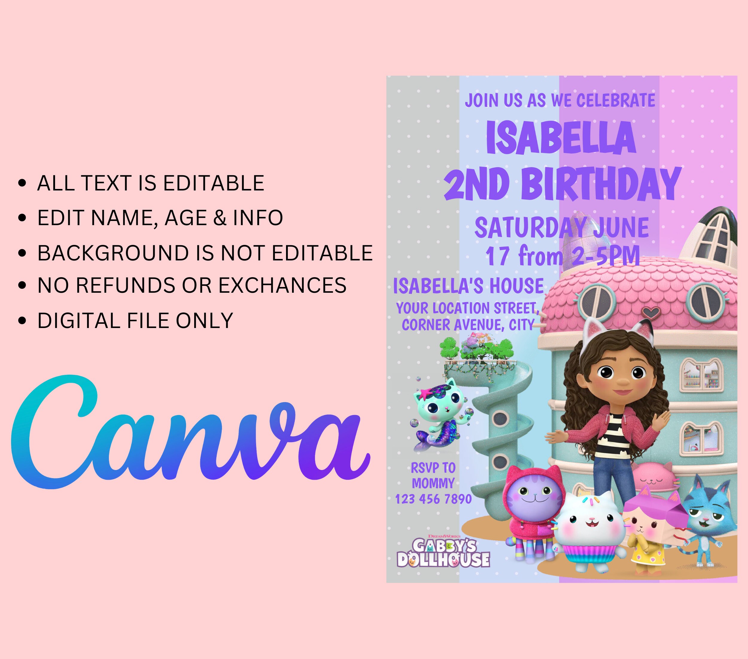 Editable Gabby Dollhouse Birthday Invitation Template Printable ...