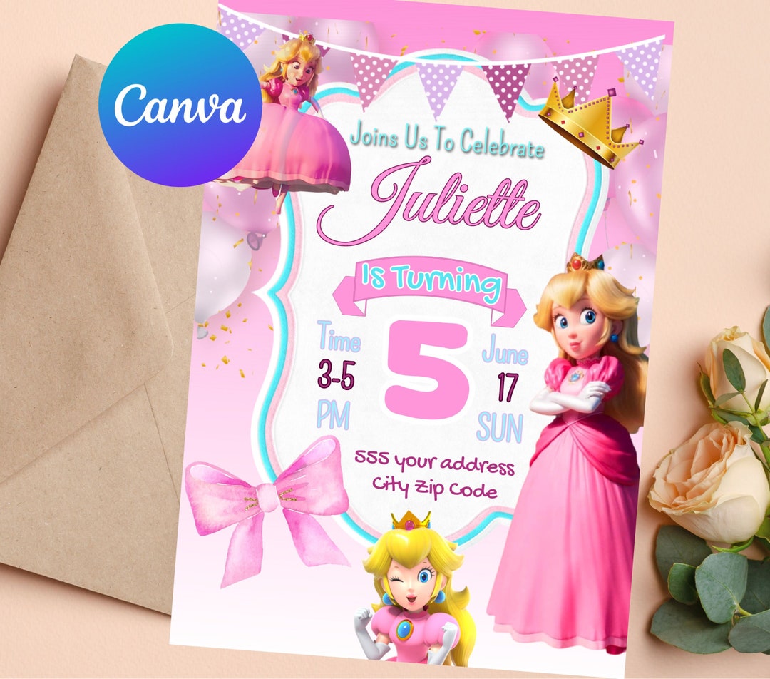 Plantilla editable de invitación de cumpleaños de la princesa Peach ...