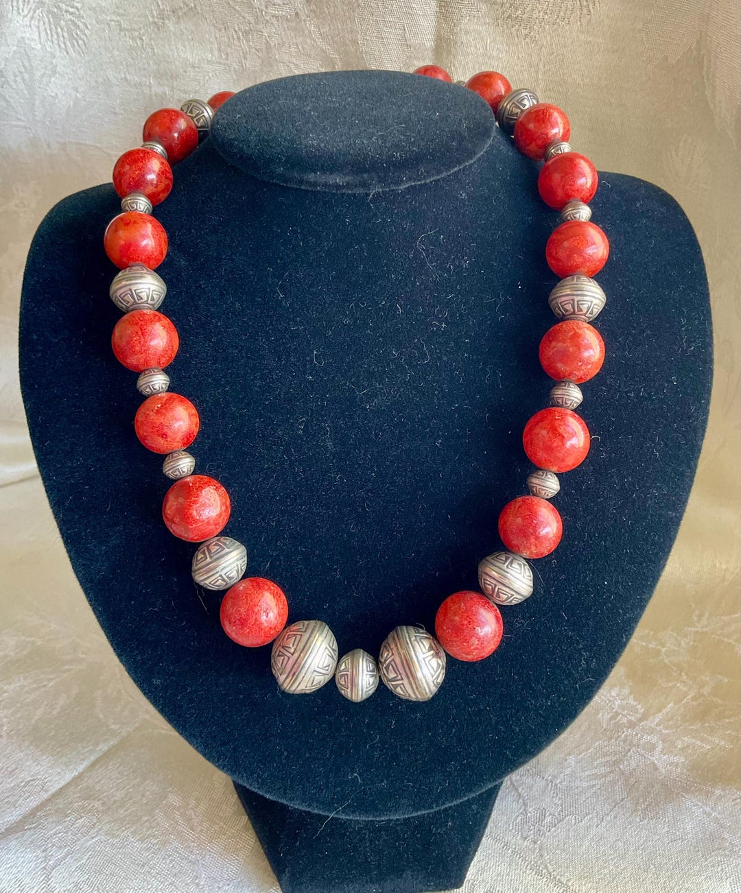 Vintage Large Coral Bead and Sterling Silver Necklace - Etsy