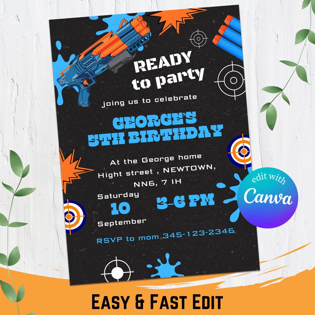 Kids Editable Nerf Birthday Invitation Template, Printable Birthday ...
