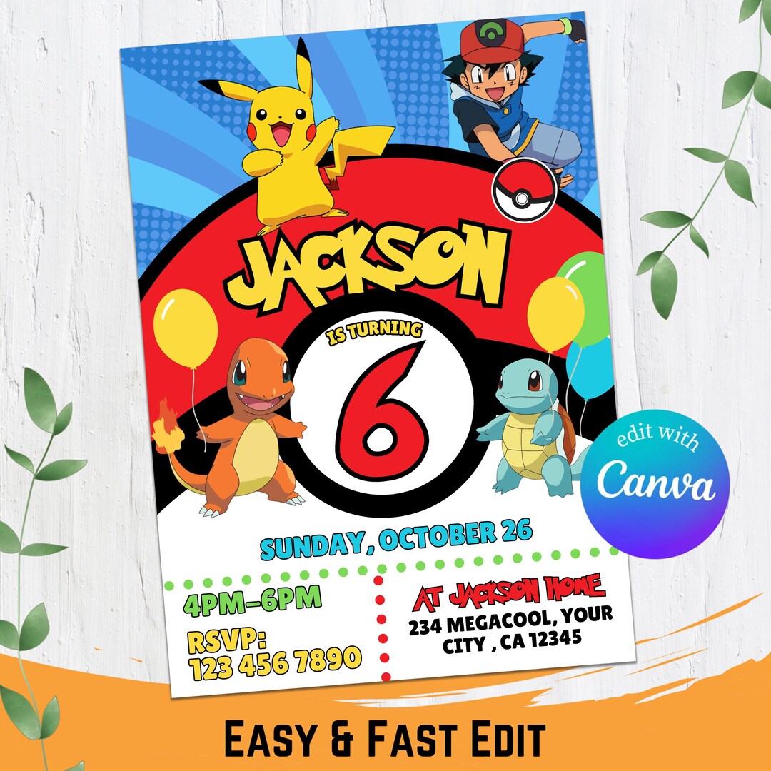 Pokemon Invitation Editable Invitation Kids Birthday Invite Digital ...