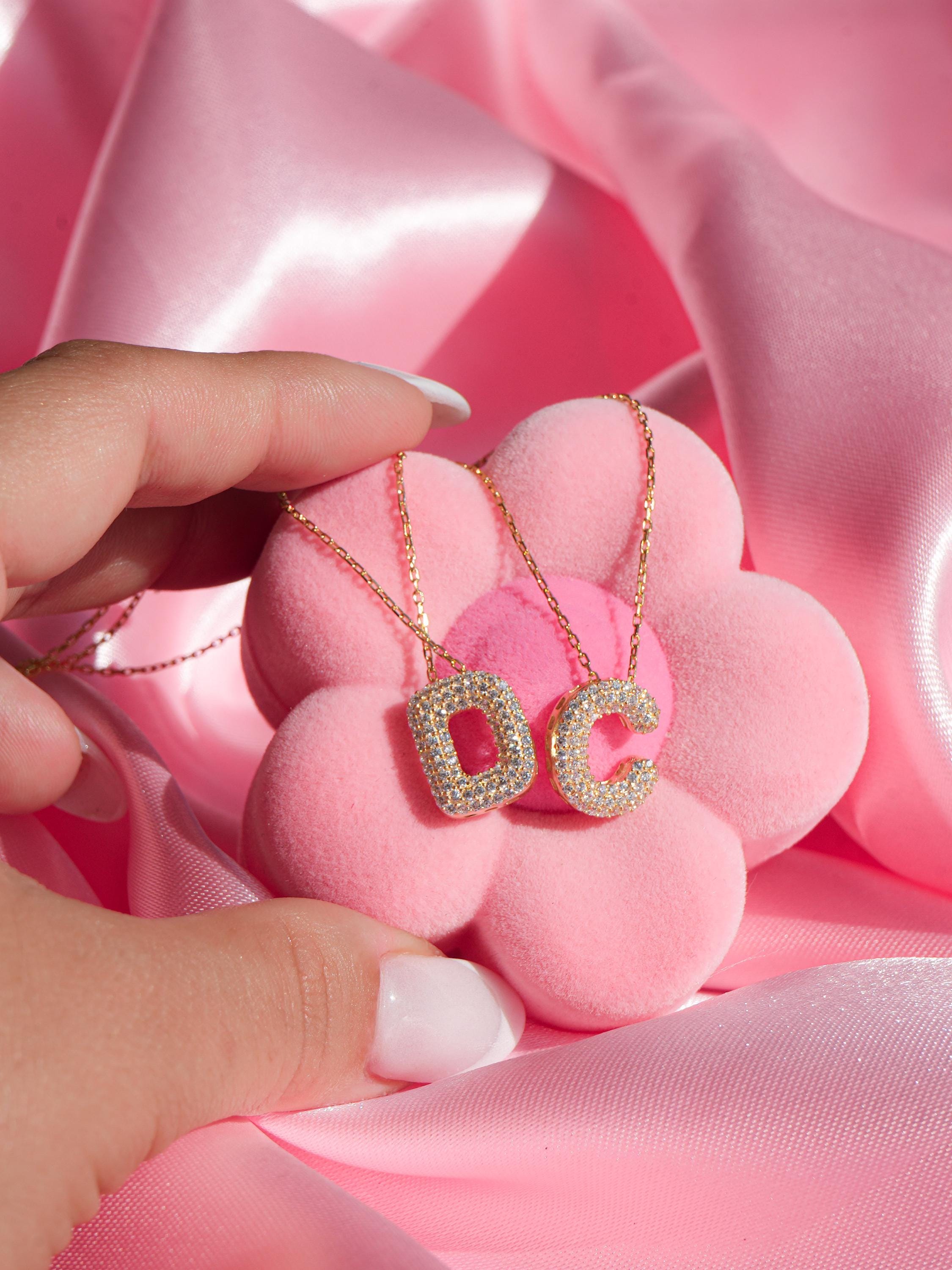 Pave Diamond Bubble Letter Necklace, Bubble Letter Pendant, Balloon ...