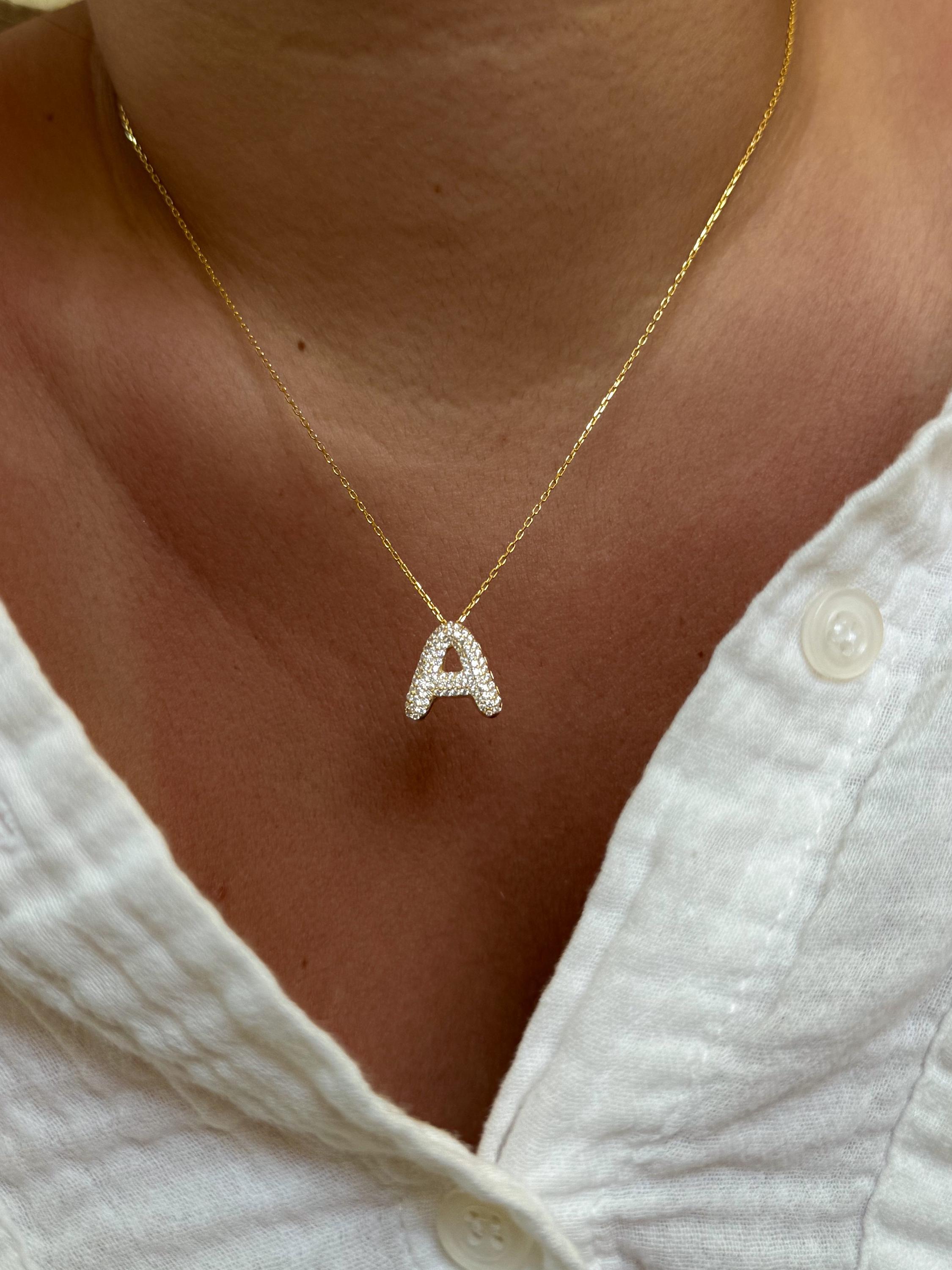 Pave Diamond Bubble Letter Necklace, Bubble Letter Pendant, Balloon ...