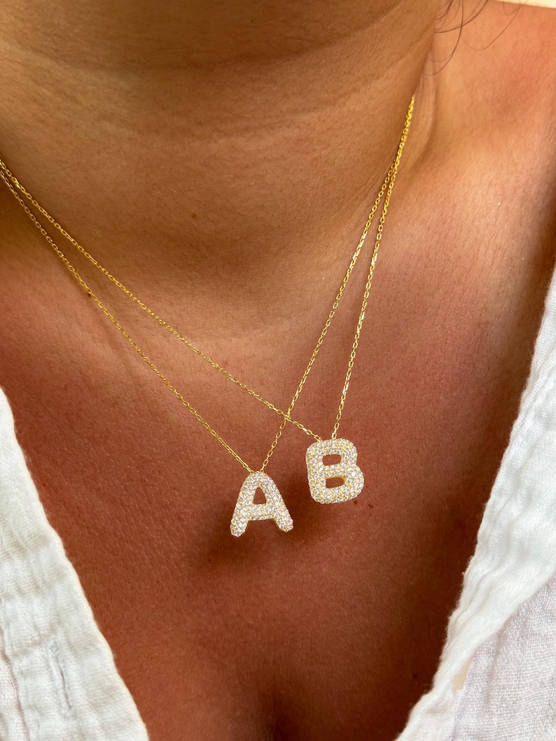 Pave Diamond Bubble Letter Necklace, Bubble Letter Pendant, Balloon ...