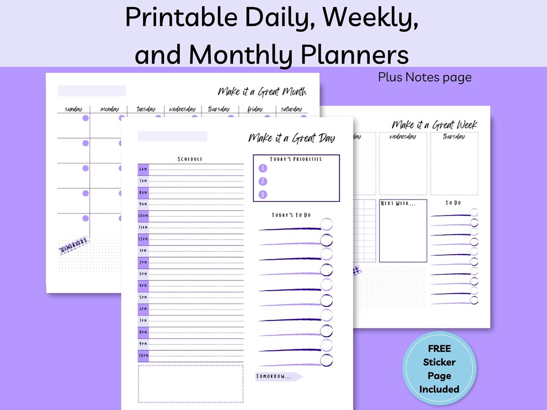 Purple Printable Planner Bundle, Monthly Planner, Weekly Planner, Daily ...