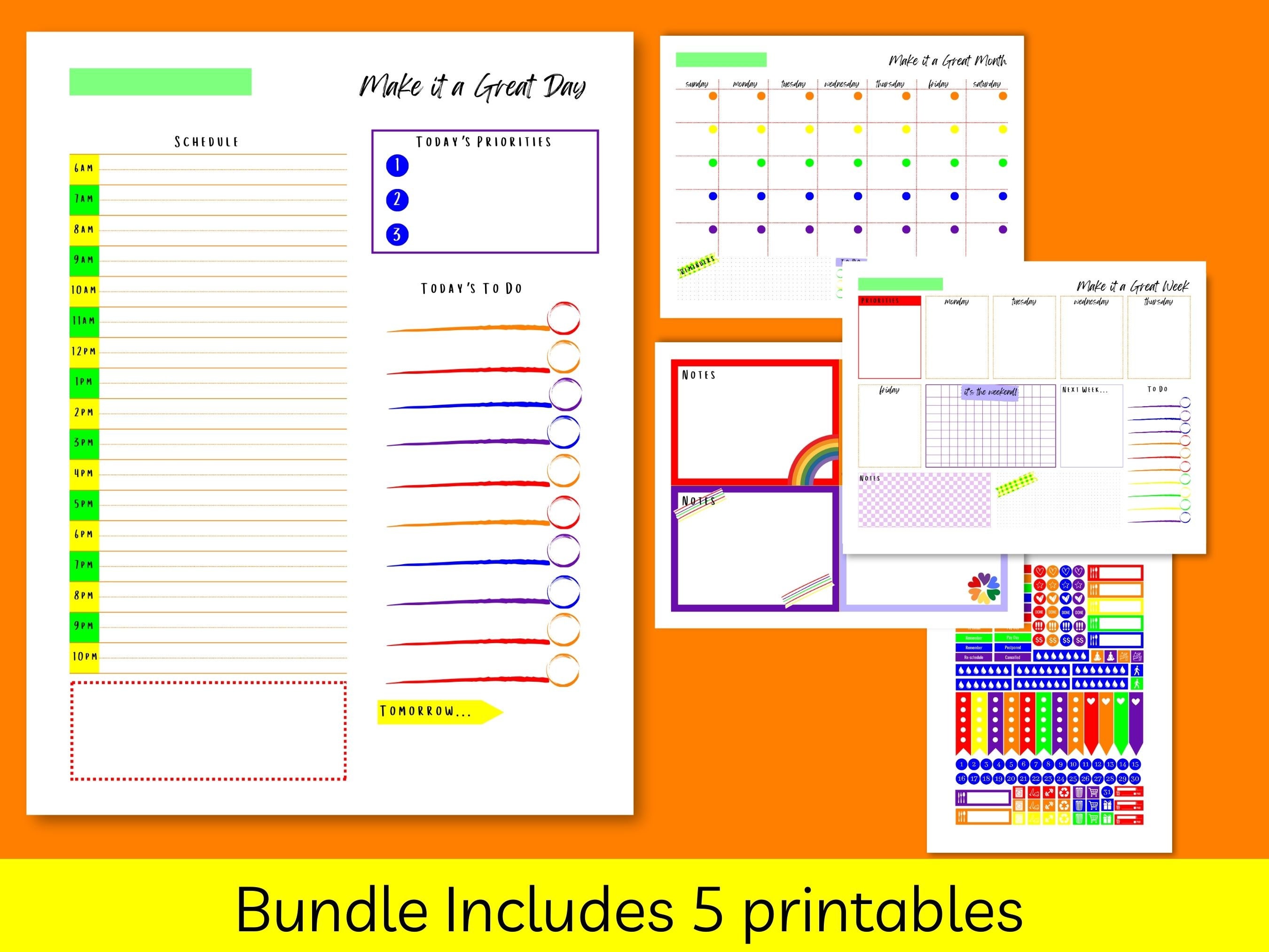 Bright Rainbow Printable Planner Bundle, Monthly Planner, Weekly ...