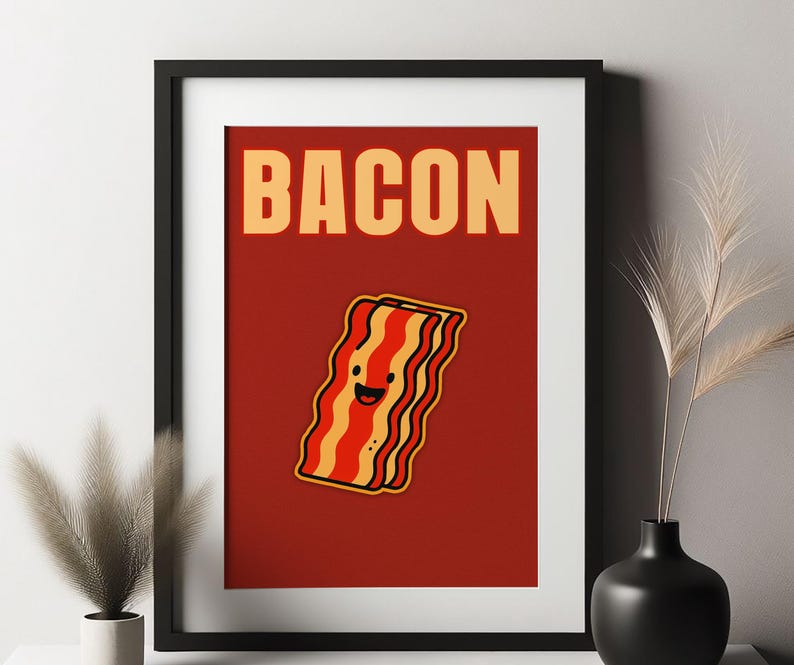 Printable Bacon Poster Minimal, Cartoon Wall Art, Retro Kitchen Decor ...
