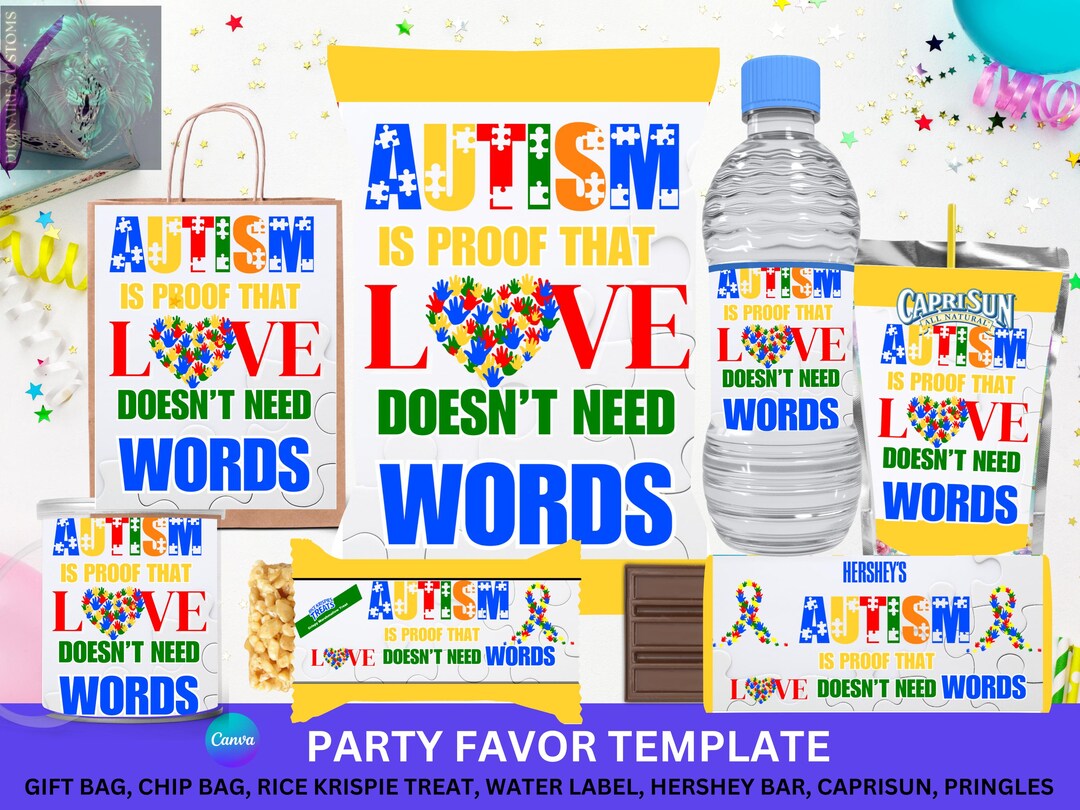 Autism Awareness Party Favor Template Bundle - Water Bottle, Candy Bar ...