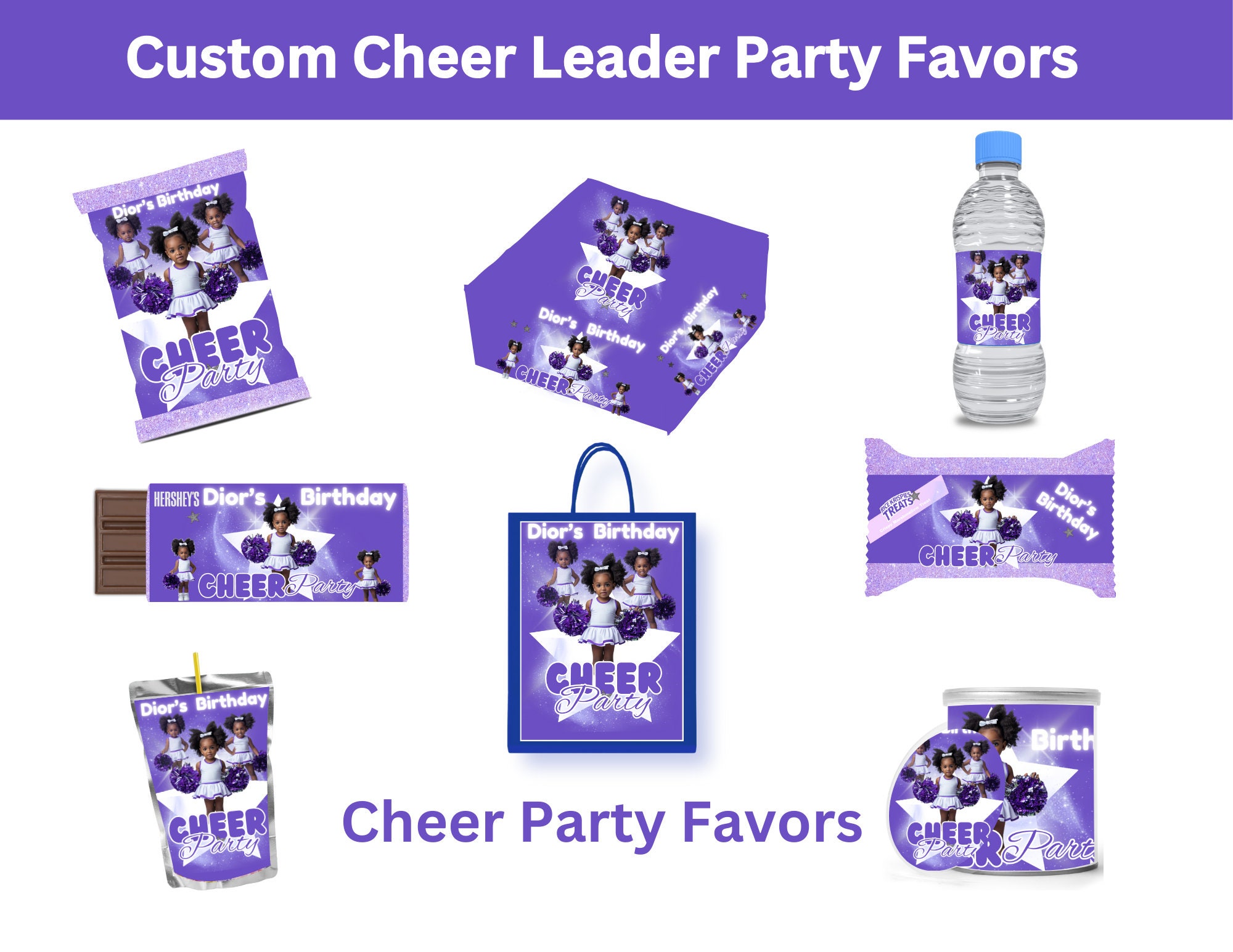 Purple Cheer Party Favor Template Bundle Water Bottle, Candy Bar ...