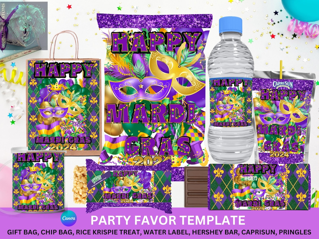 Mardi Gras Party Favor Template Bundle - Water Bottle, Candy Bar ...