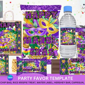 Mardi Gras Party Favor Template Bundle - Water Bottle, Candy Bar ...