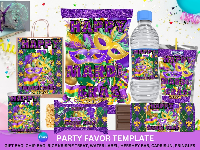 Mardi Gras Party Favor Template Bundle Water Bottle, Candy Bar, Krispie ...