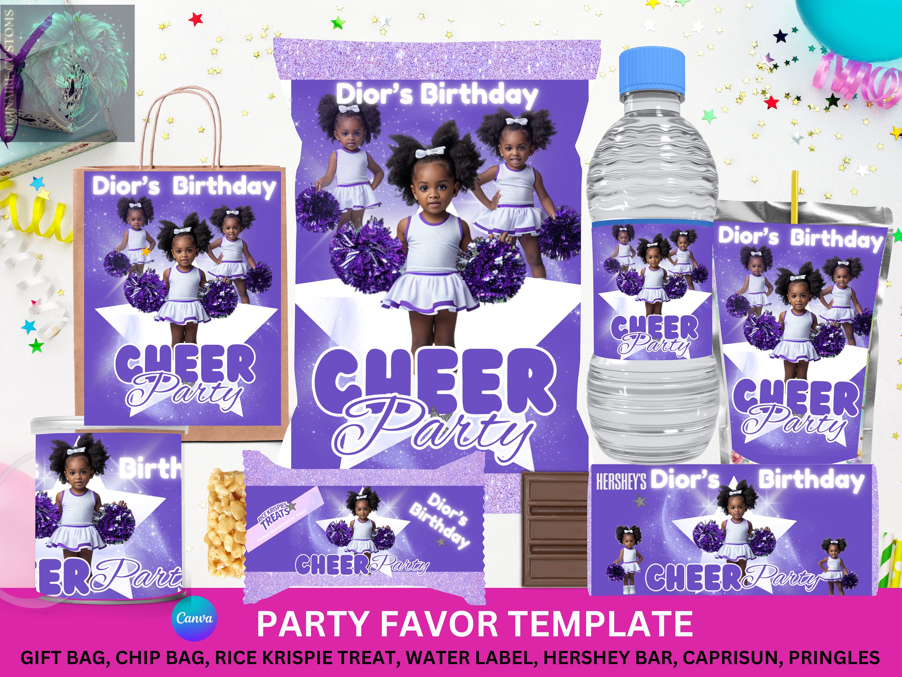 Purple Cheer Party Favor Template Bundle Water Bottle, Candy Bar ...