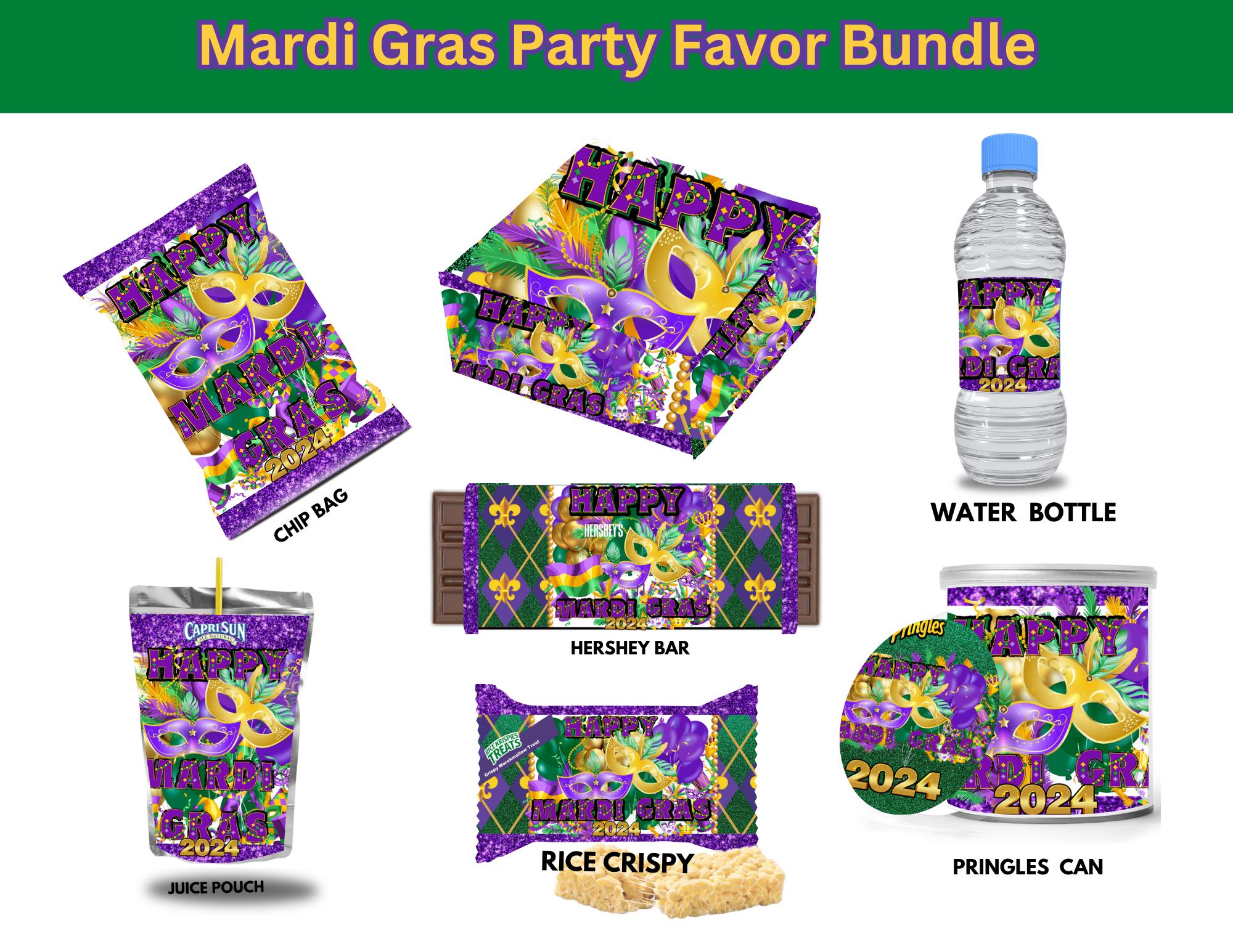 Mardi Gras Party Favor Template Bundle Water Bottle, Candy Bar, Krispie ...