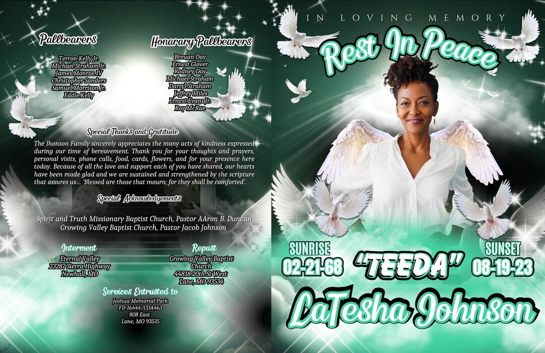 Teal Editable Obituary Template - Etsy