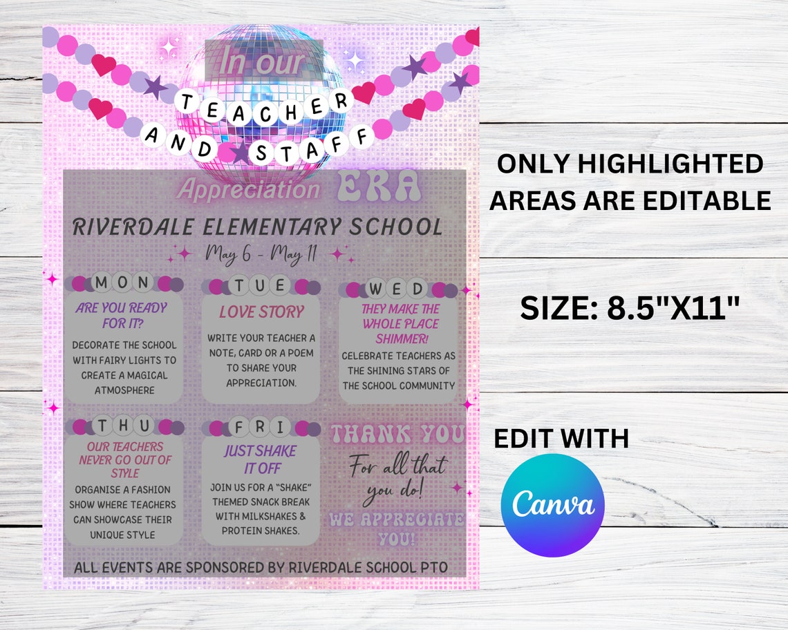 Teacher and Staff Appreciation Week Theme Flyer, Editable Canva ...