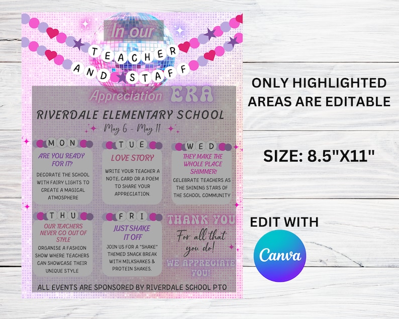 Teacher and Staff Appreciation Week Theme Flyer, Editable Canva ...