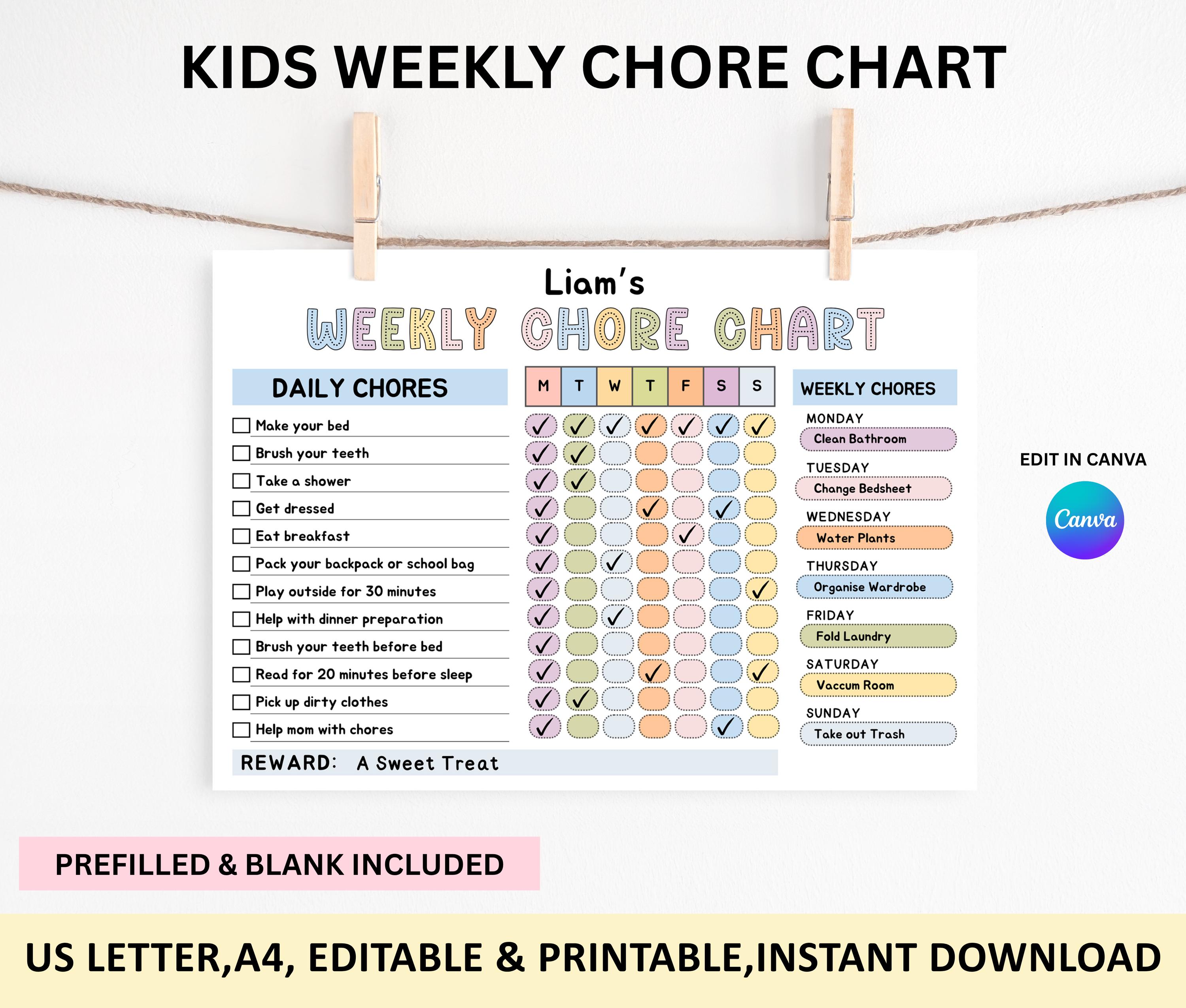 Weekly Chore Chart for Kids,editable Kids Weekly Responsibility Chart ...