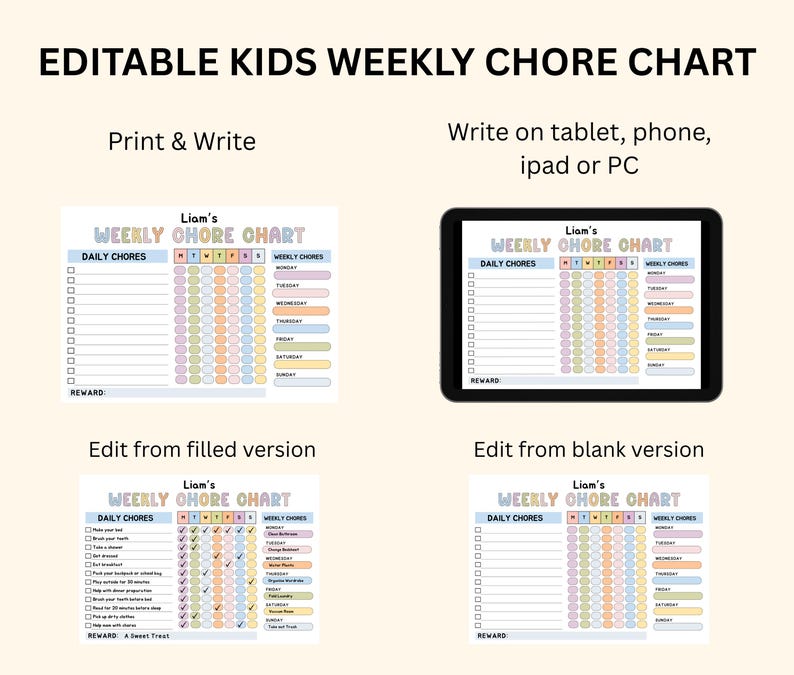 Weekly Chore Chart for Kids,editable Kids Weekly Responsibility Chart ...