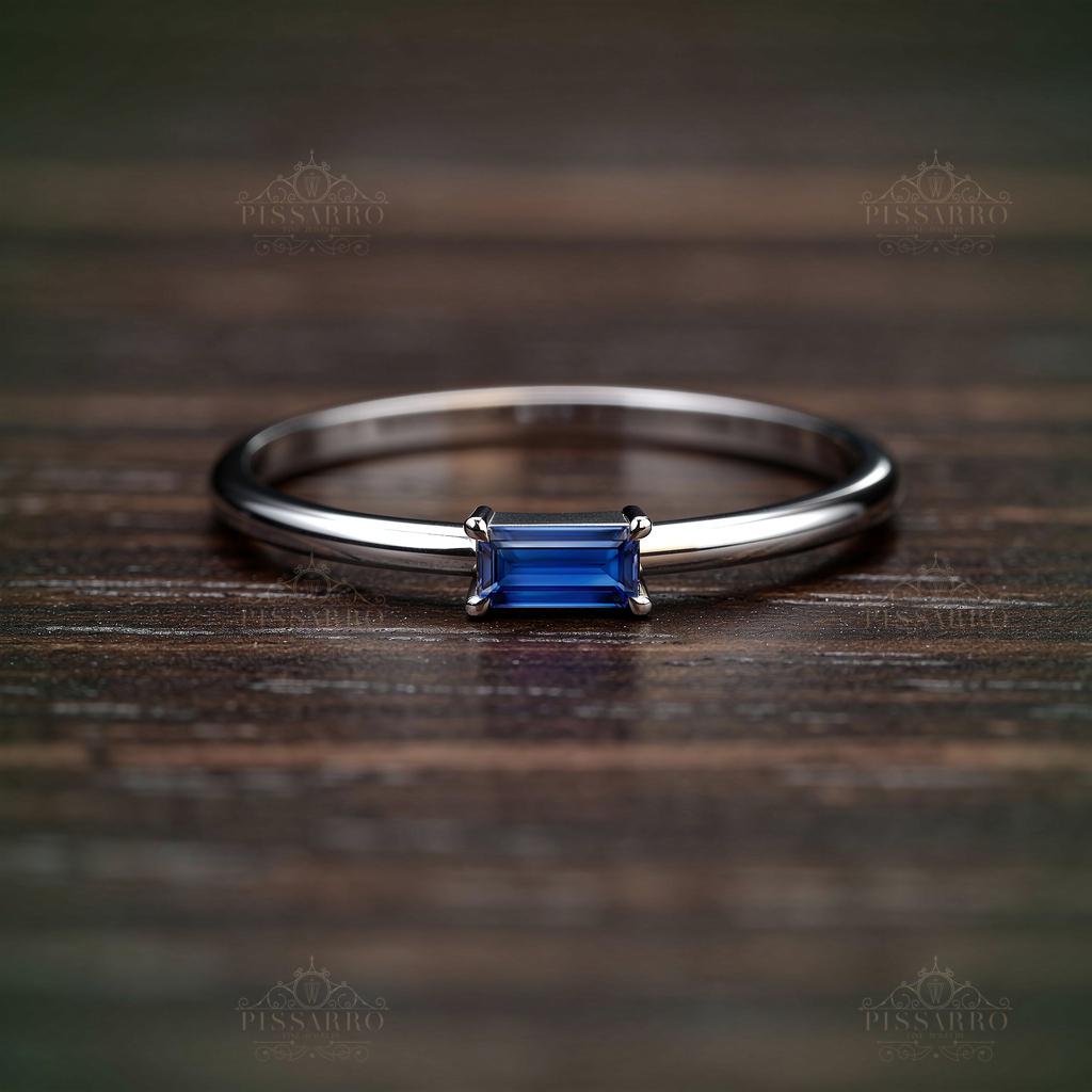 Blue Sapphire Stacking Ring, Baguette Cut Thin Wedding Band, Silver ...