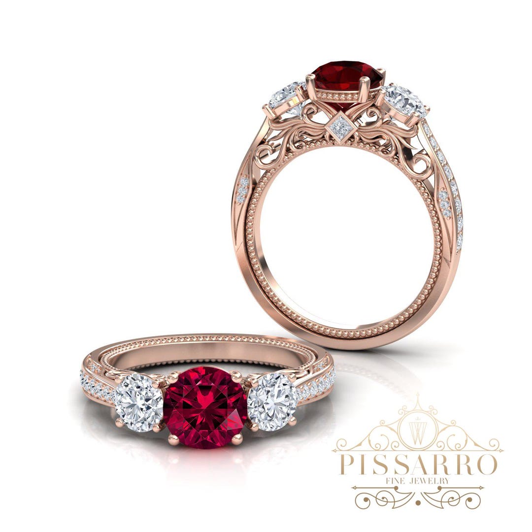 Red Ruby Engagement Ring, Three Stone Rings, Round Diamonds, Solid Rose ...