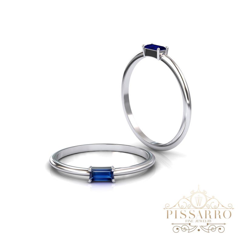Blue Sapphire Stacking Ring, Baguette Cut Thin Wedding Band, Silver ...
