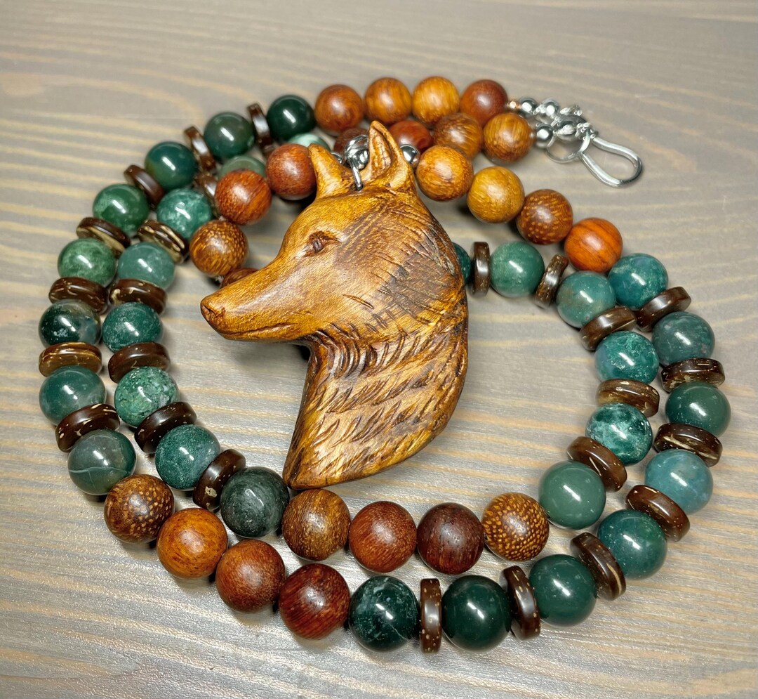 Hand Carved Teak/oak Wood Coyote/wolf Pendant. Moss Agate Beaded Long ...