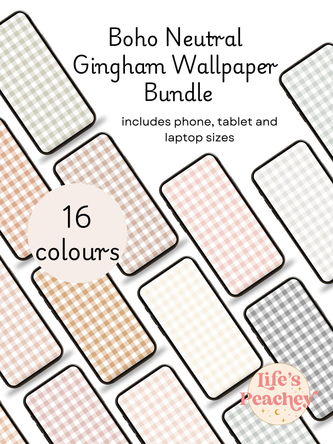 16 Colours Neutral Boho Gingham Wallpaper Bundle for Phone, Tablet, and ...