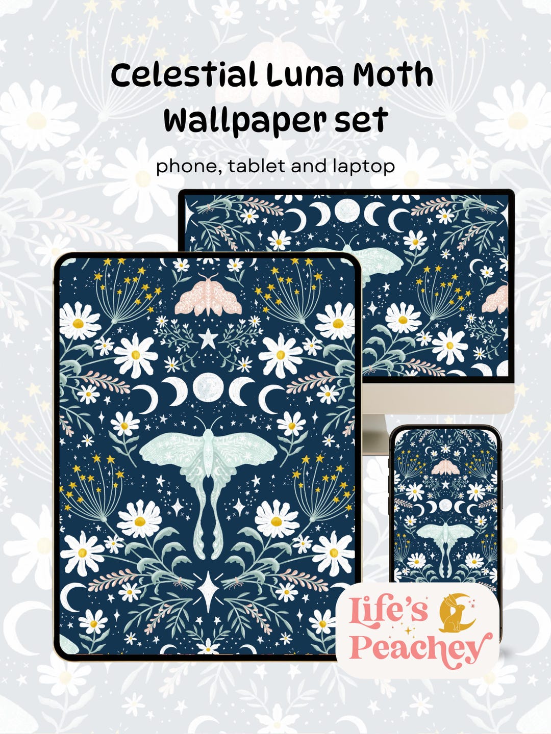 Luna Moth Wallpaper Set: Celestial Phone, Tablet, Laptop (digital ...